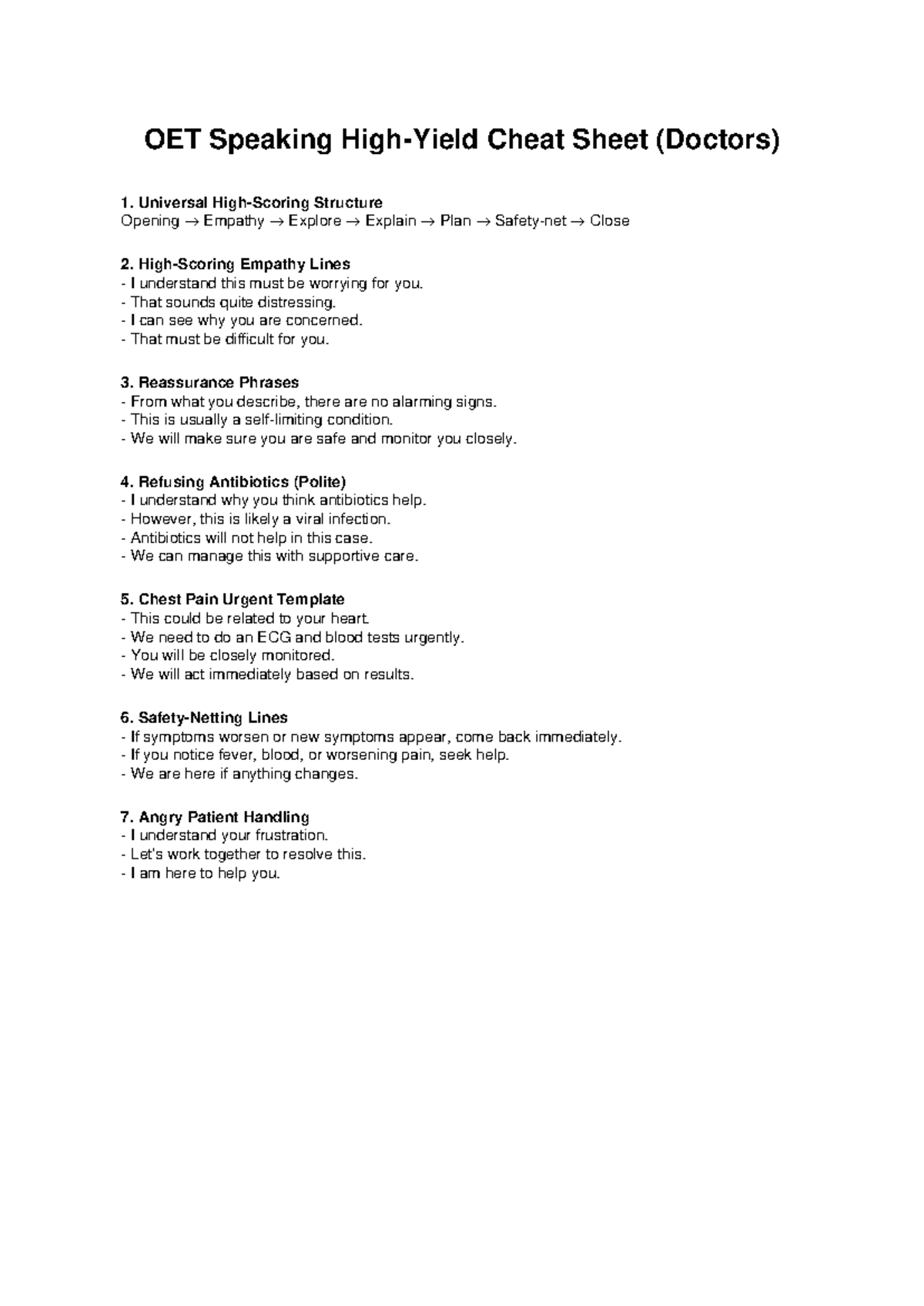 OET Speaking Cheat Sheet for Doctors: Key Phrases & Templates - Studocu