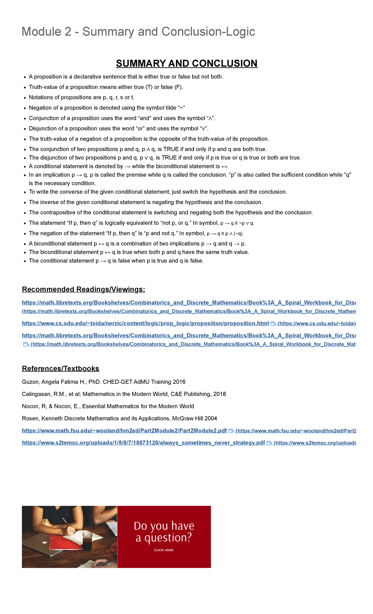 Module 2 - Summary and Conclusion-Logic Mathematics in the Modern World ...