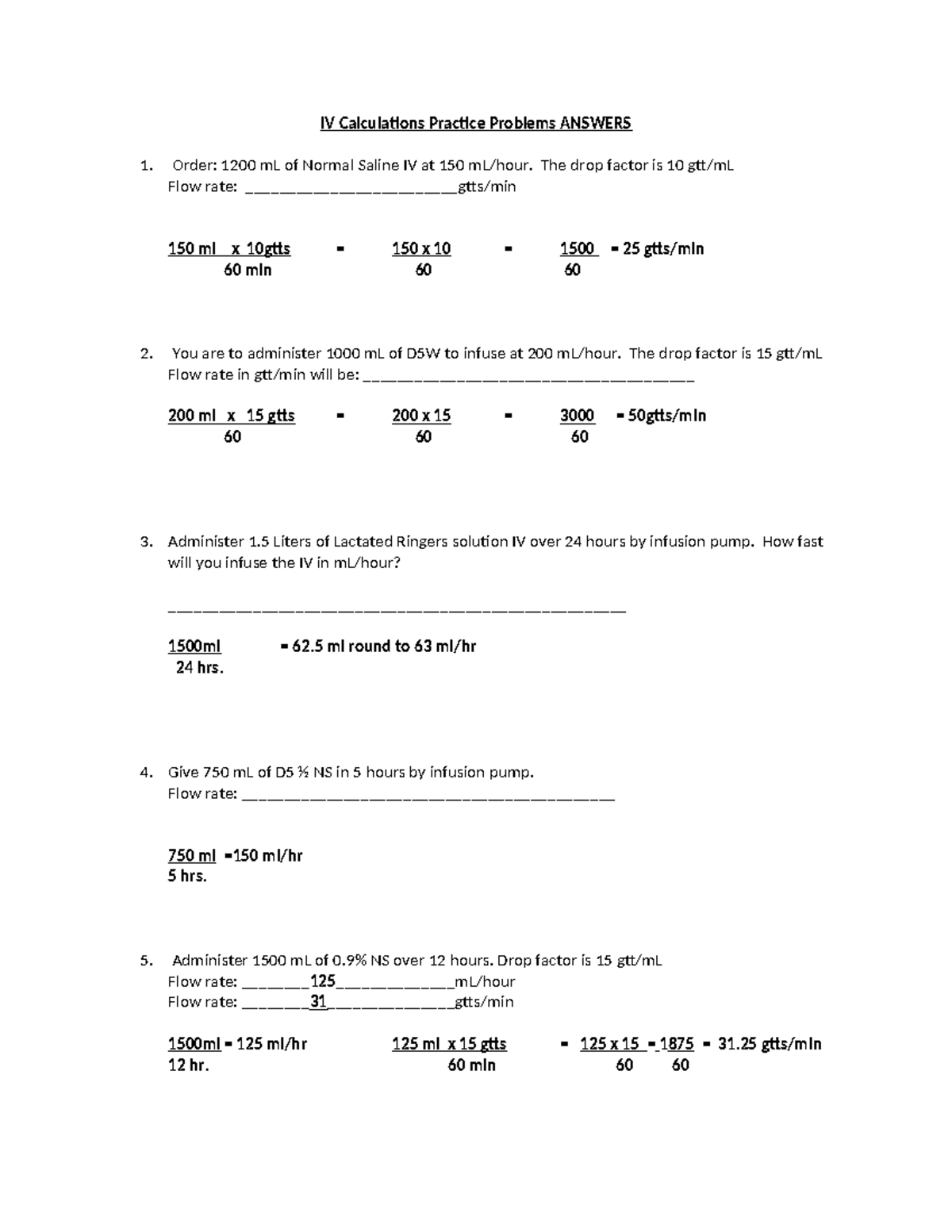 IV Calculations Worksheet Practice Answers for Nursing (NURS 101) - Studocu