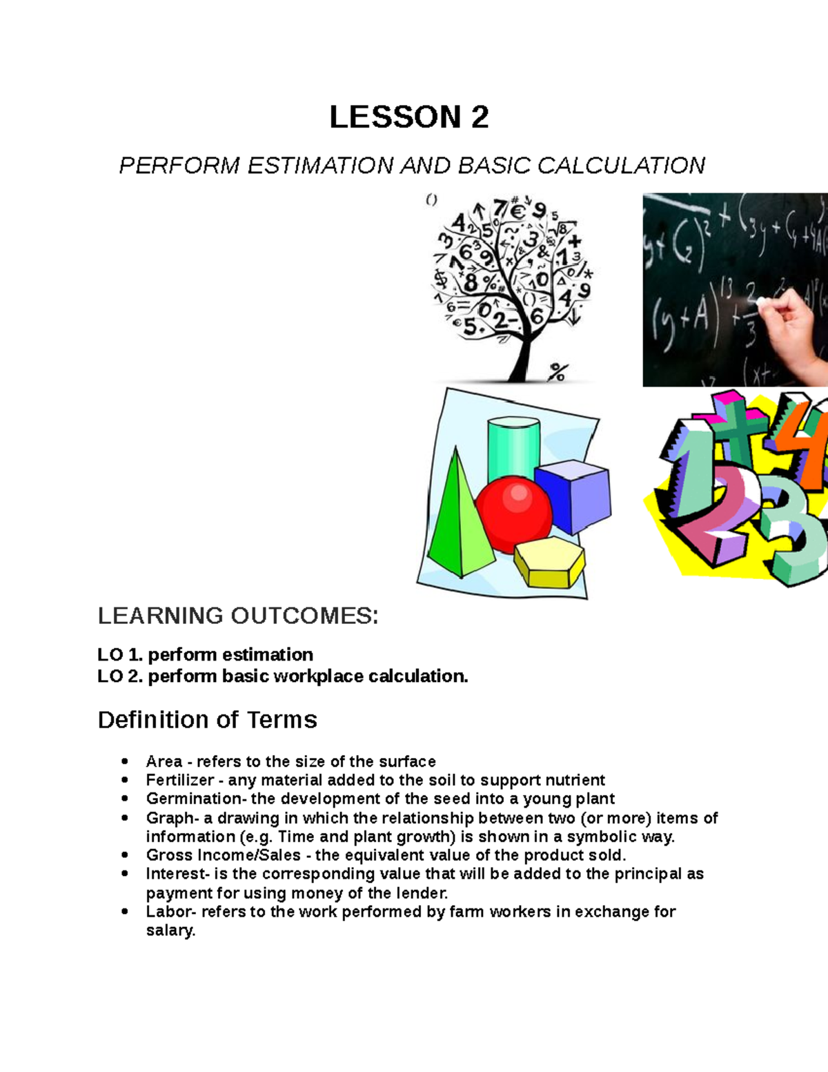 Lesson 2 perform calculation - LESSON 2 PERFORM ESTIMATION AND BASIC CALCULATION LEARNING ...