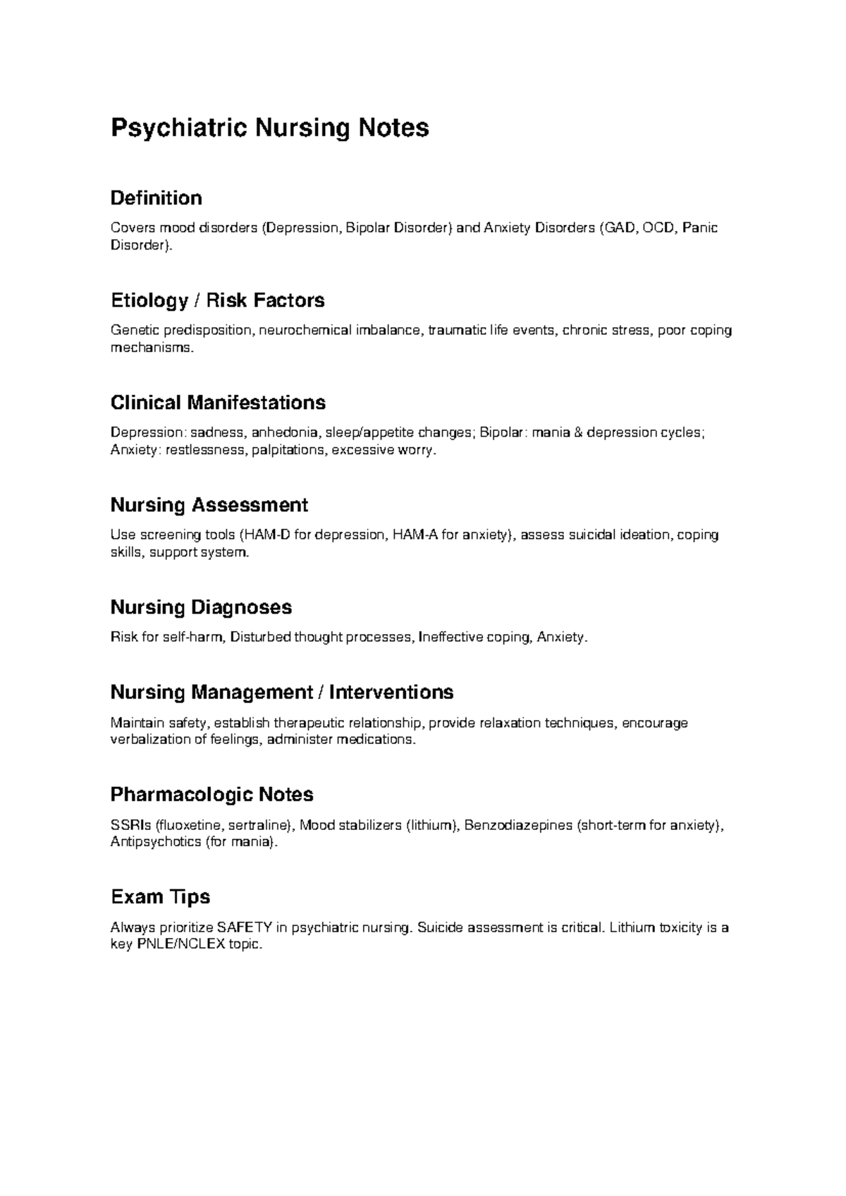 Psychiatric Nursing Notes: Mood & Anxiety Disorders Overview - Studocu