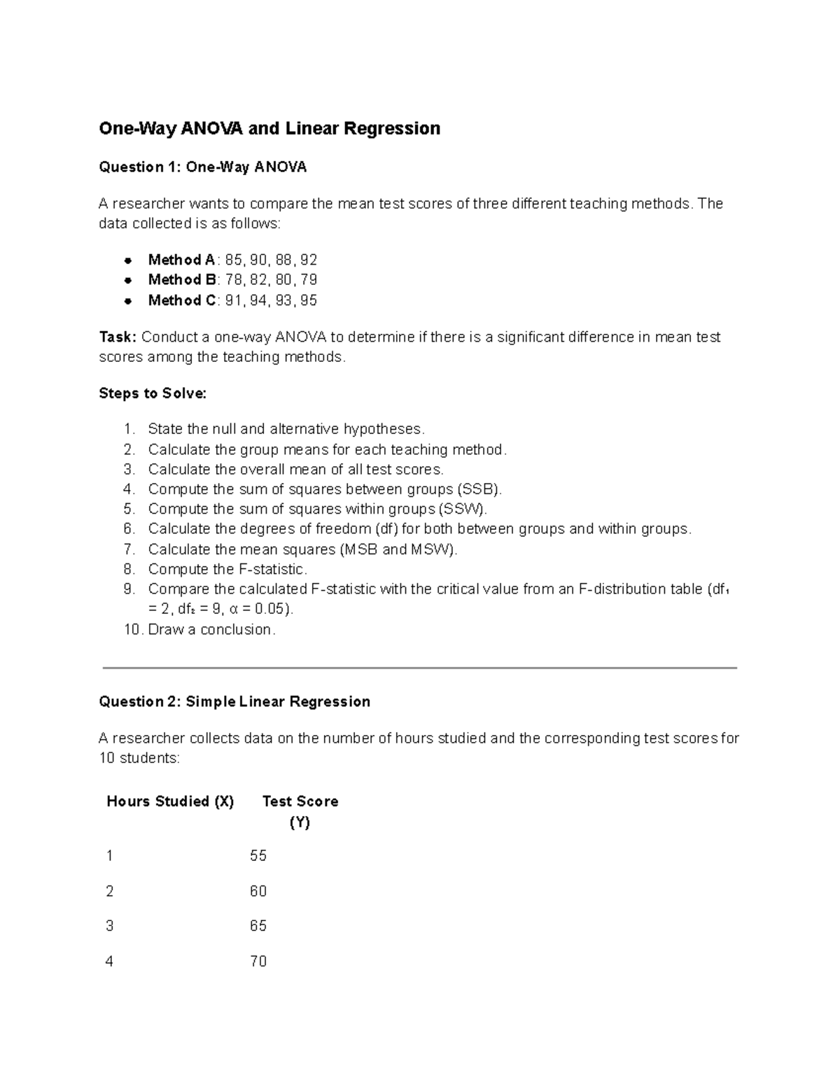 Anovva sta hw 11 - example questions for anova hws - One-Way ANOVA and ...