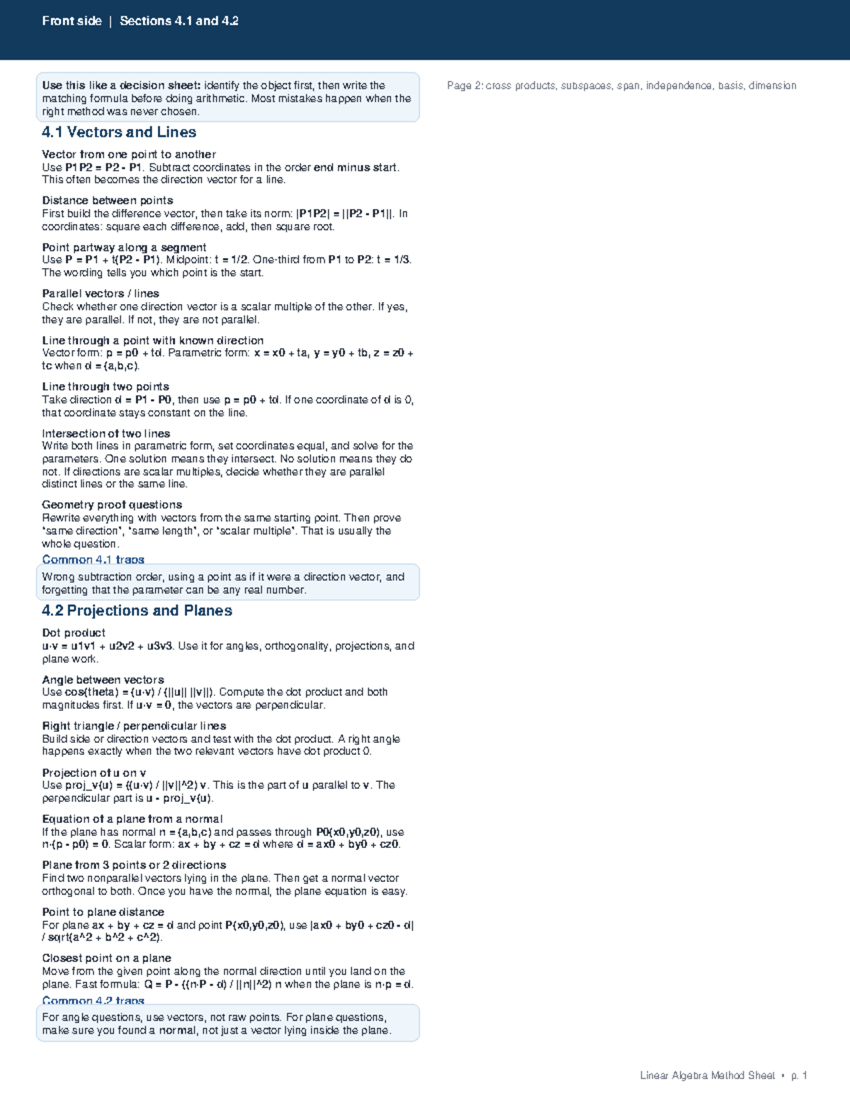 Linear Algebra Method Sheet: Summary for Sections 4.1 & 4.2 - Studocu