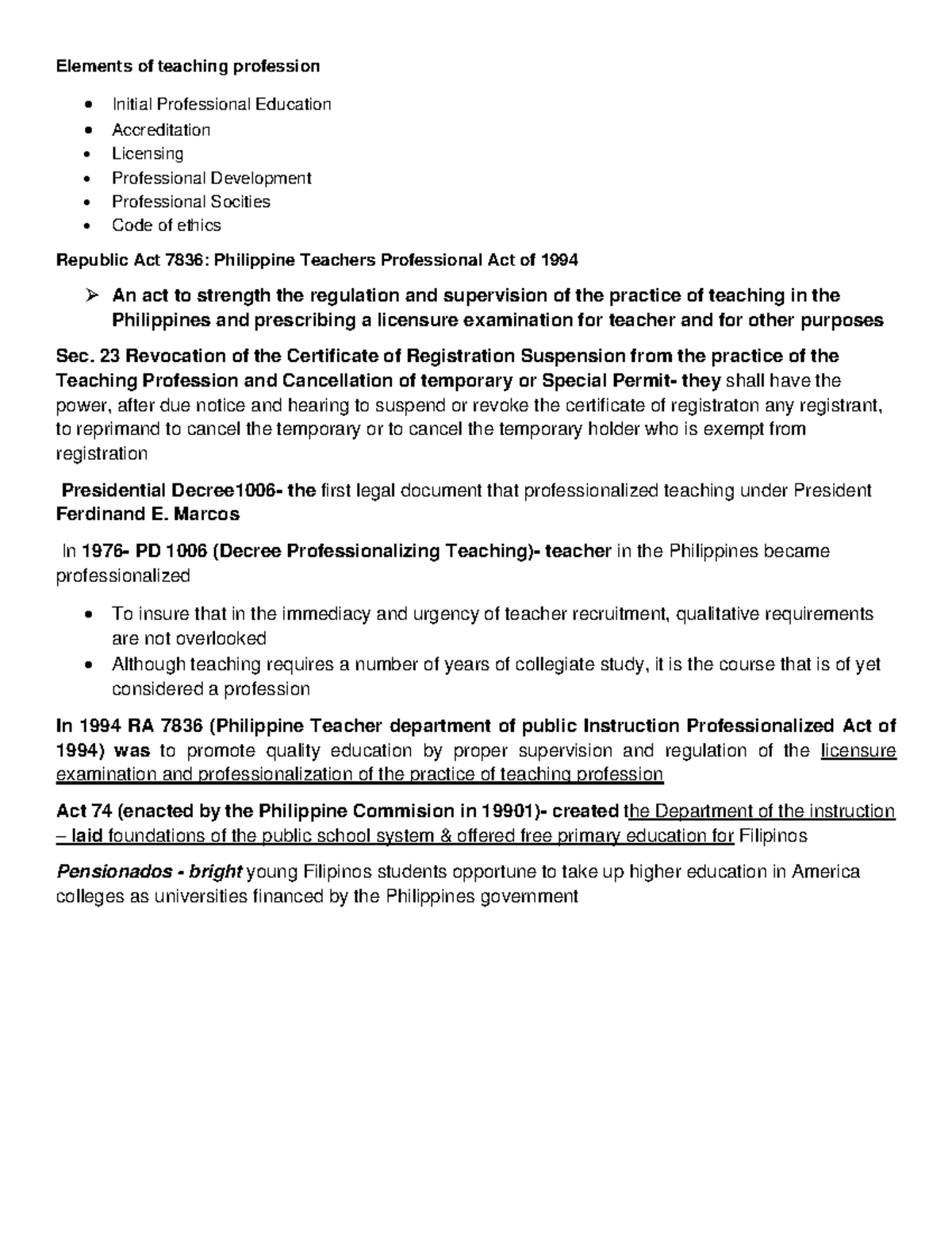 Document 48 - Summary Notes about Teaching Profession - Elements of ...