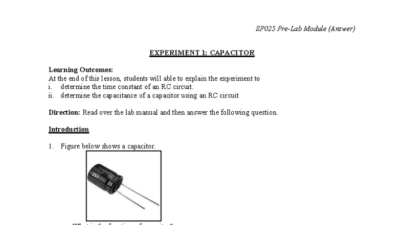 SP025 Module: Experiment 1 - Capacitor Time Constant Analysis - Studocu