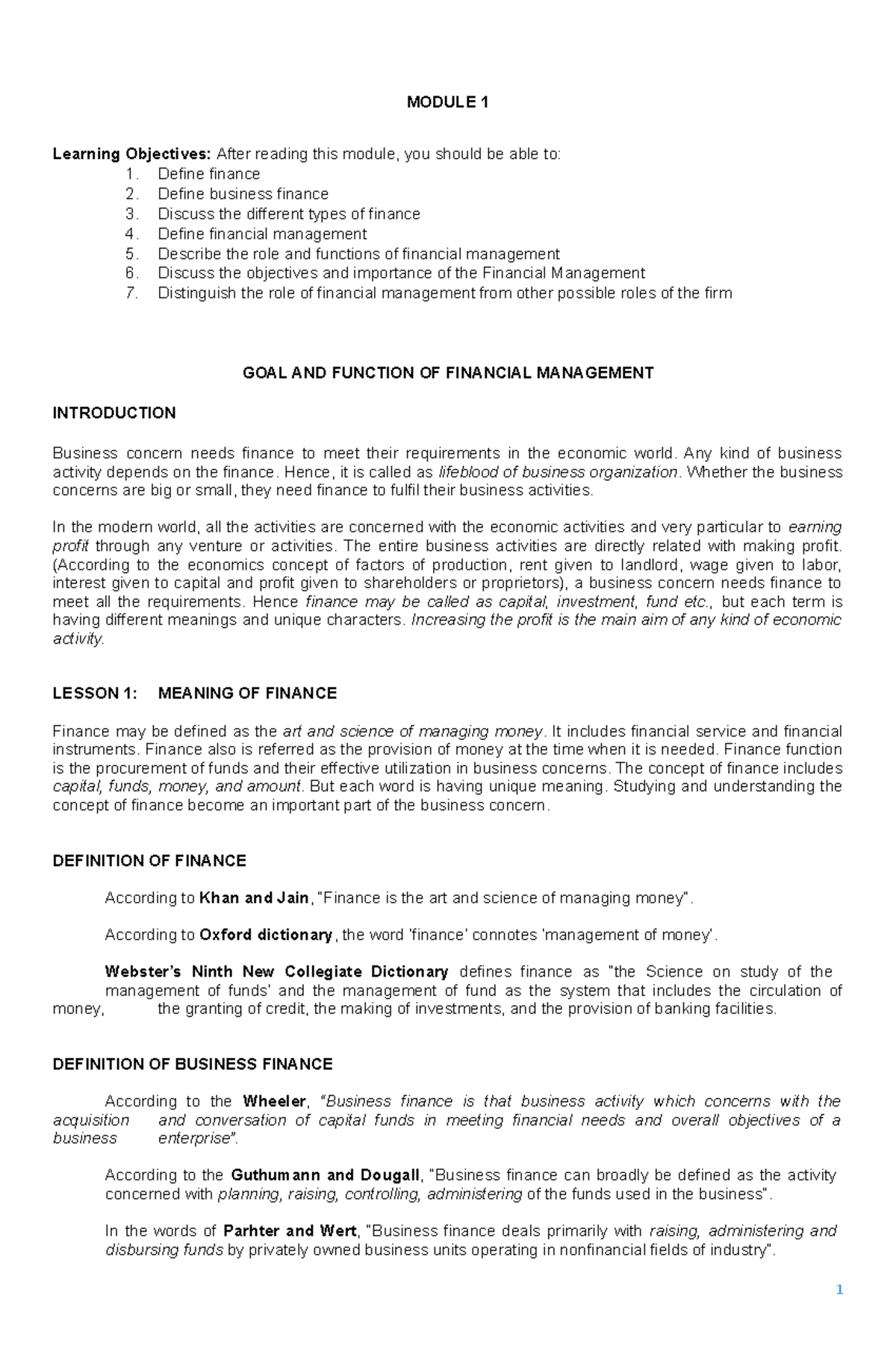 Module 1 - Lecture notes 1-3 - MODULE 1 Learning Objectives: After ...