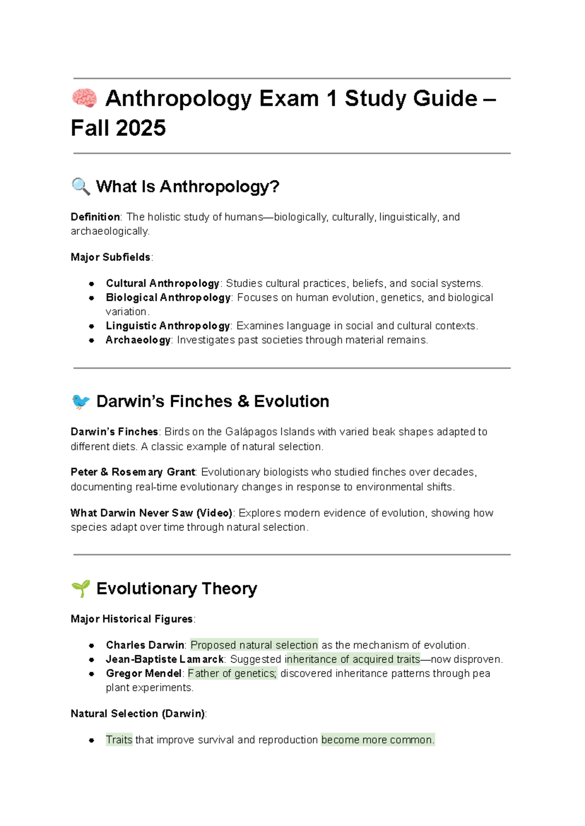 Anthropology Exam 1 Study Guide - Key Concepts & Evolution Insights ...
