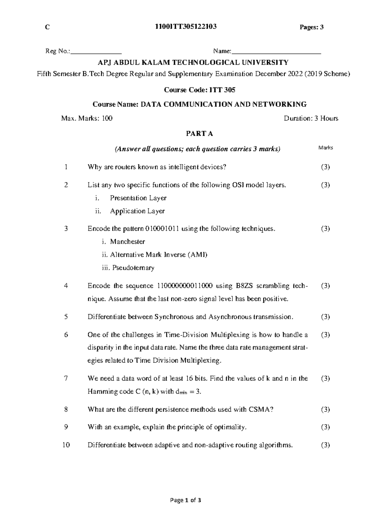 ITT 305 - Data Communication & Networking: December 2022 Exam PYQ - Studocu