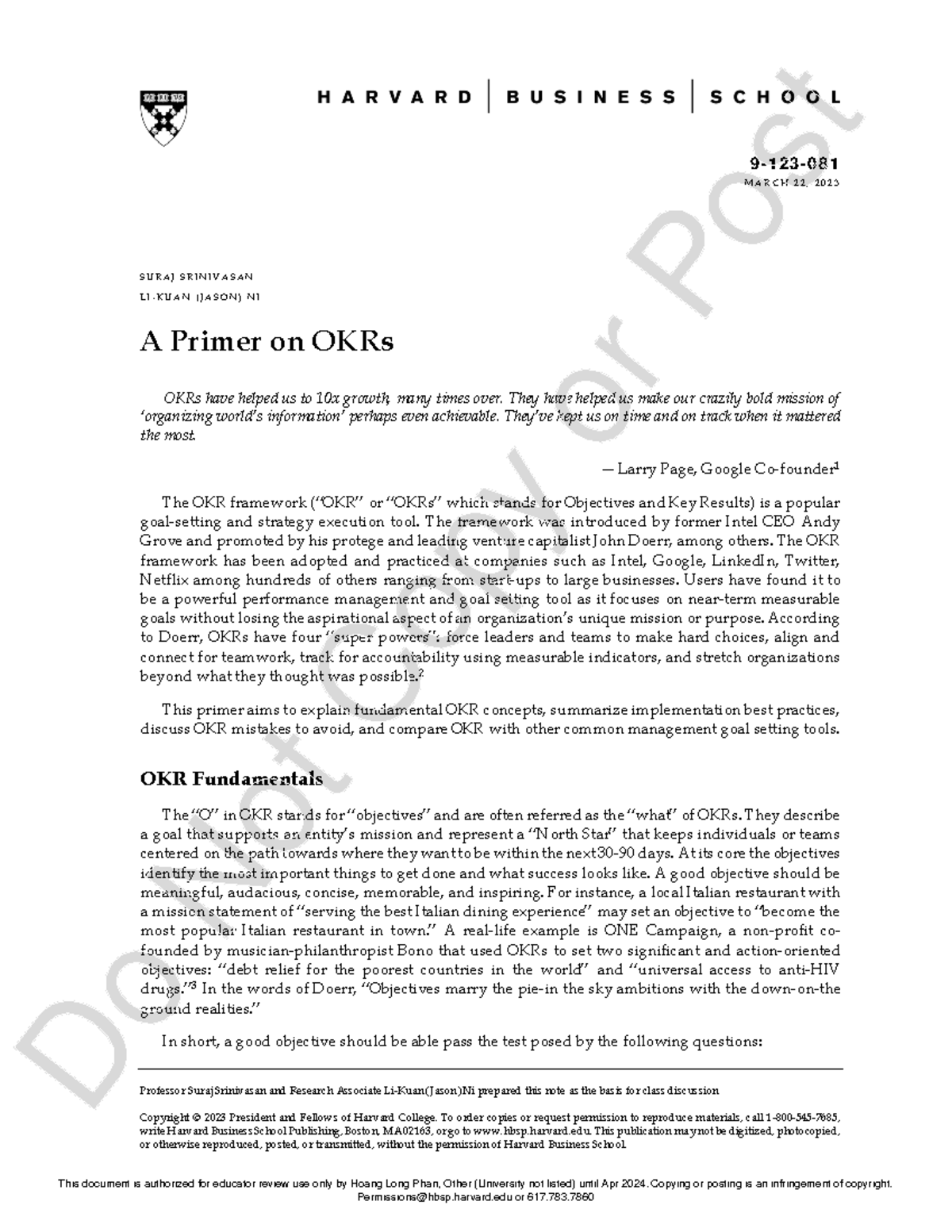 HBR Reading: A Primer on OKRs (Course Code: rP os 9 1 2 3 8 1) - Studocu