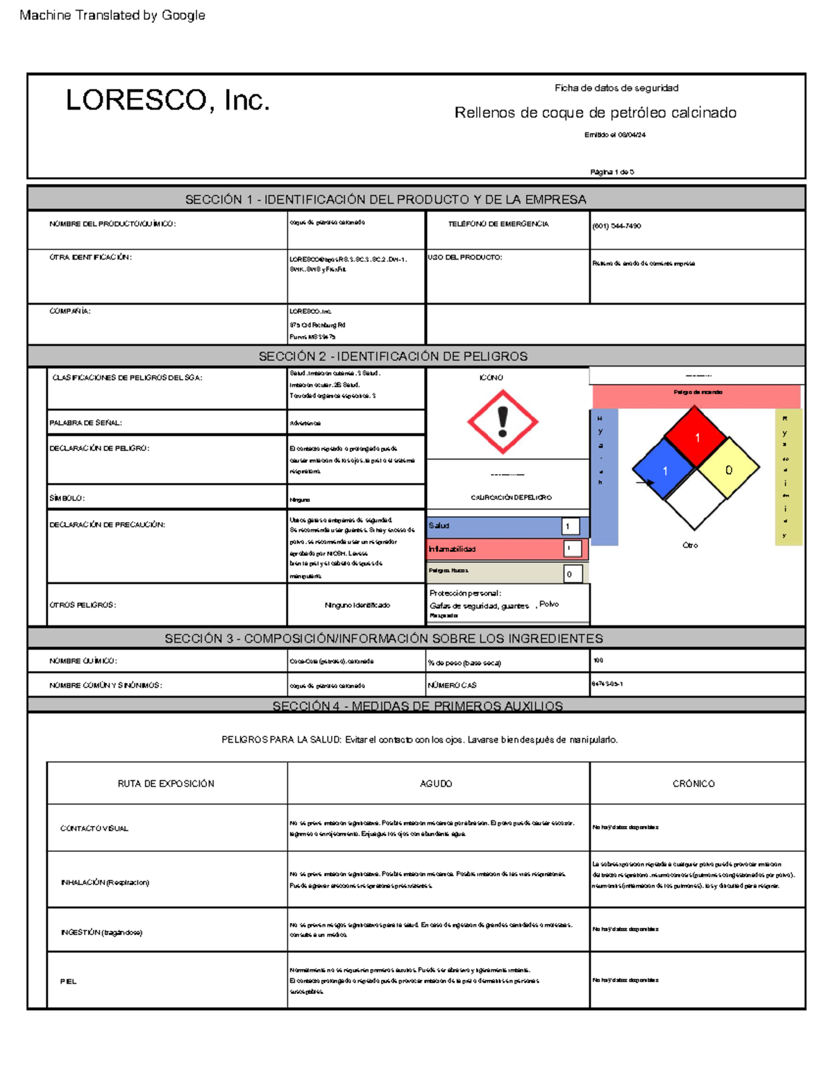 Hoja de Seguridad LORESCO, Inc. - Coque de Petróleo Calcinado - Studocu