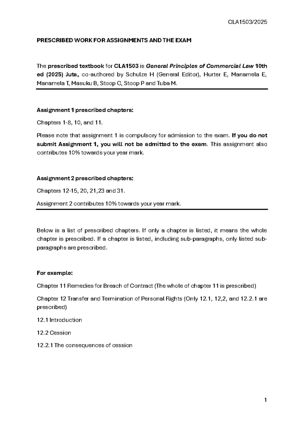 CLA1503 Prescribed Work for Assignments and Exam Overview - Studocu