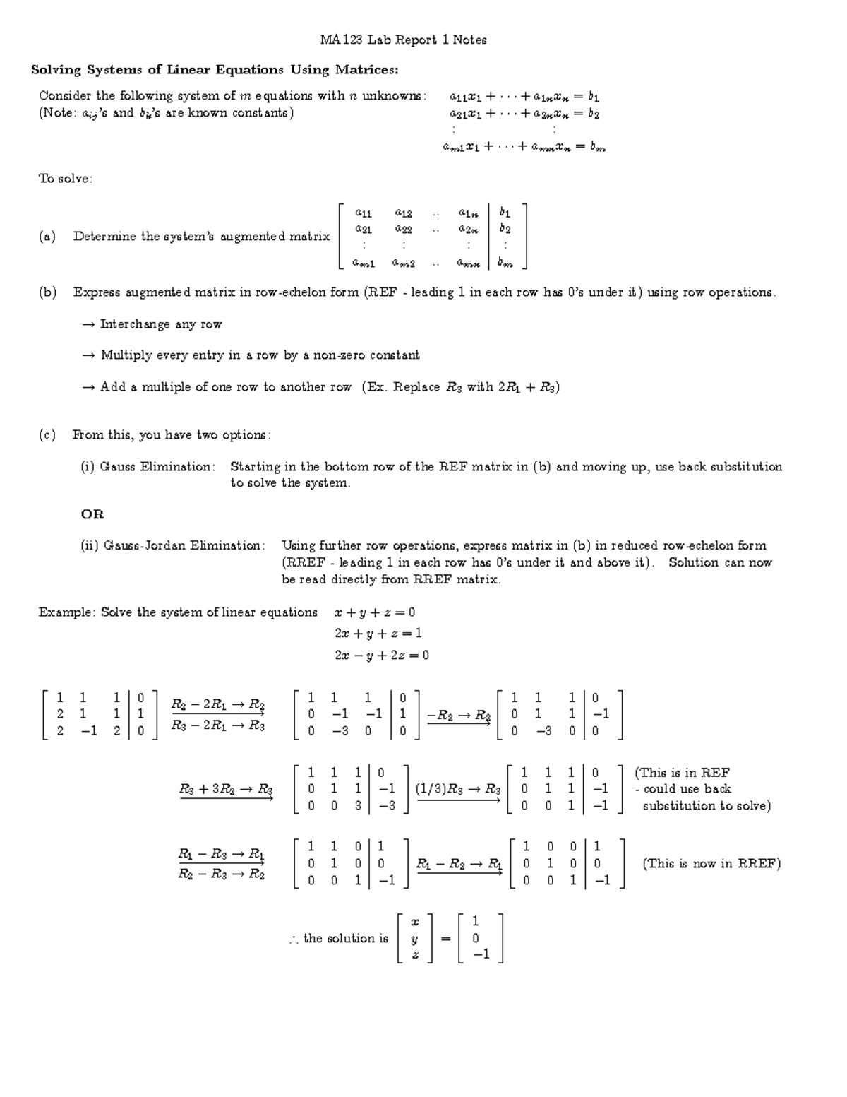 MA123 F24L1 Notes - MA123 Lab Report 1 Notes Solving Systems of Linear ...