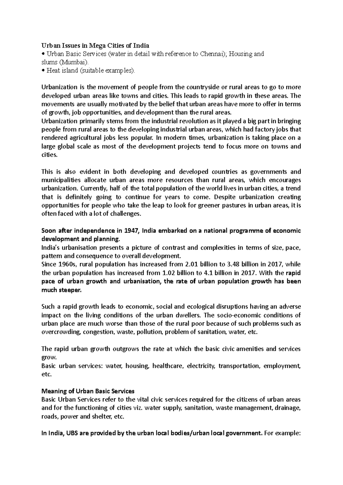 Urban Issues and Basic Services in Mega Cities of India (BA Hons 3rd ...