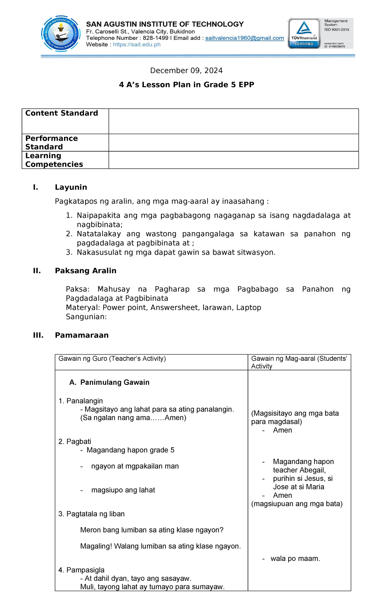 EPP Grade 5 Lesson Plan on Adolescence Changes and Care - Studocu