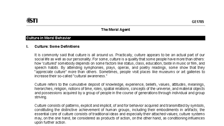 GE1705 Final Exam Notes on Culture and Moral Behavior - Studocu