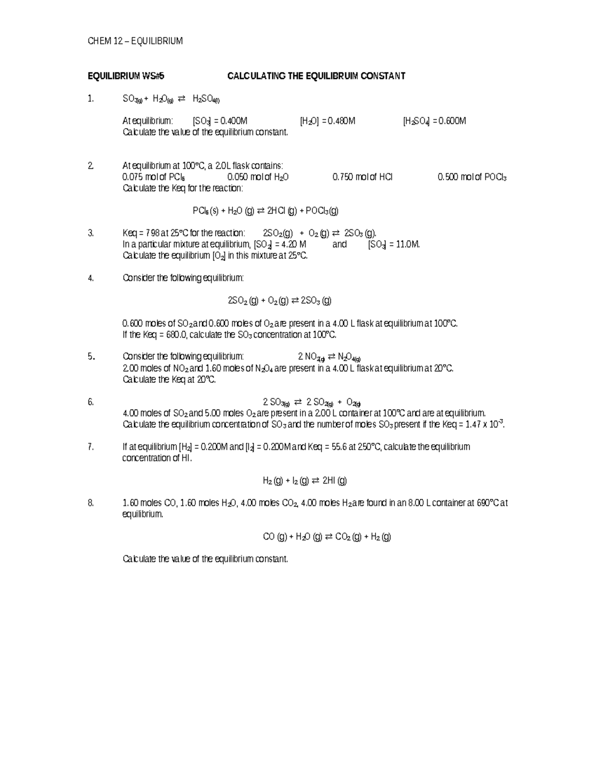 CHEM 12 Final Exam: Equilibrium Constant Calculations - Studocu