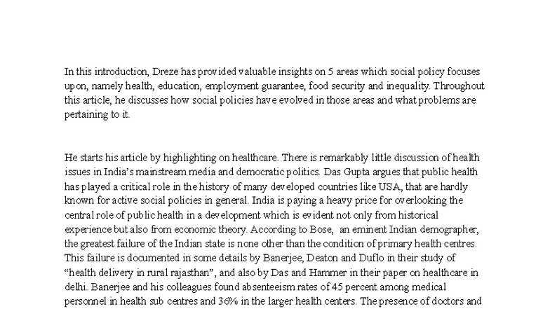 Jean Dreze: Insights on Social Policy in India - An Introduction - Studocu