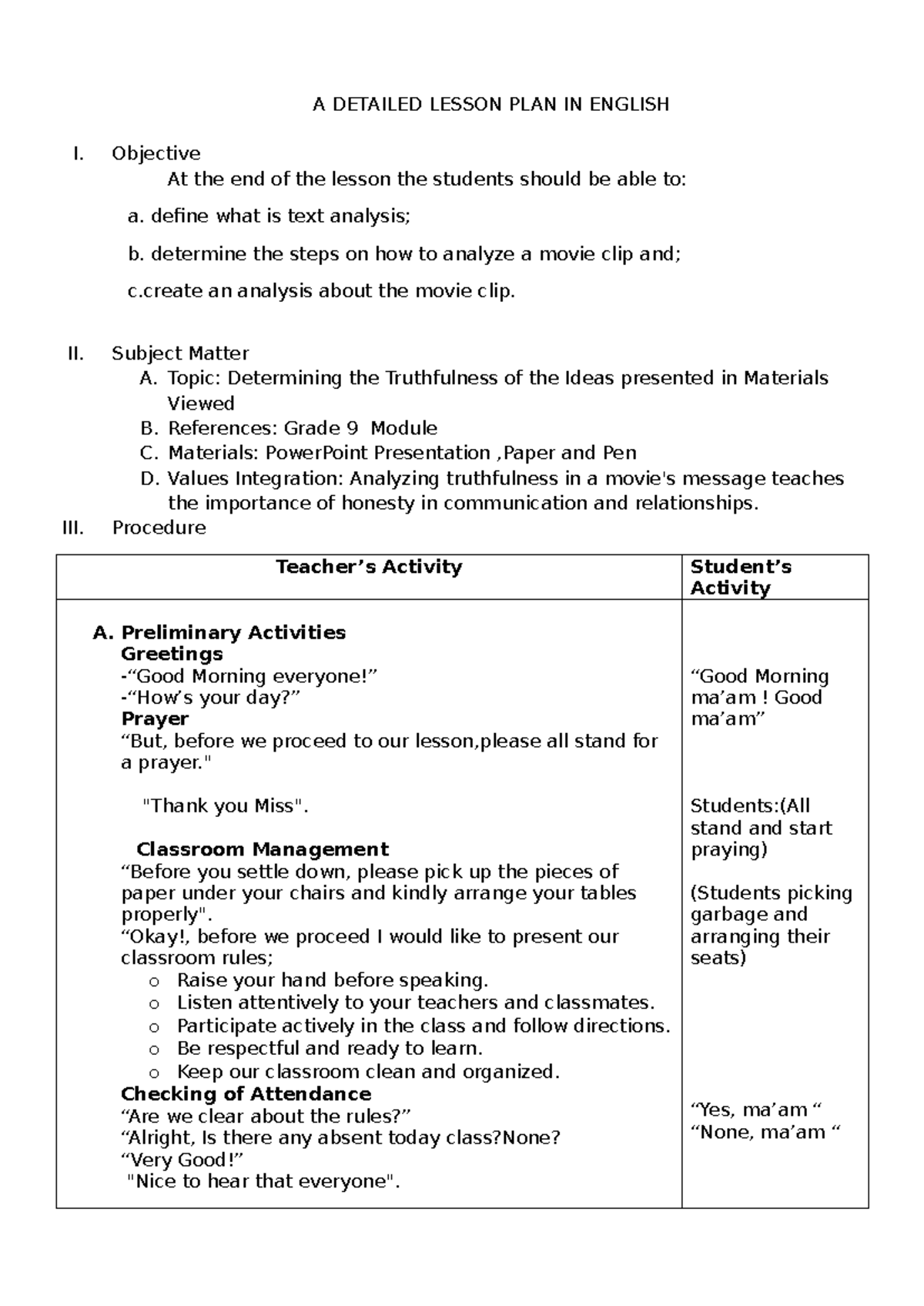 Grade 9 Lesson Plan: Analyzing Truthfulness in Movie Clips - Studocu