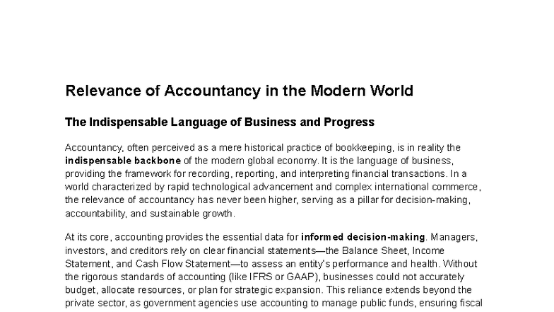 Accountancy Essay - Relevance of Accountancy in the Modern World The ...