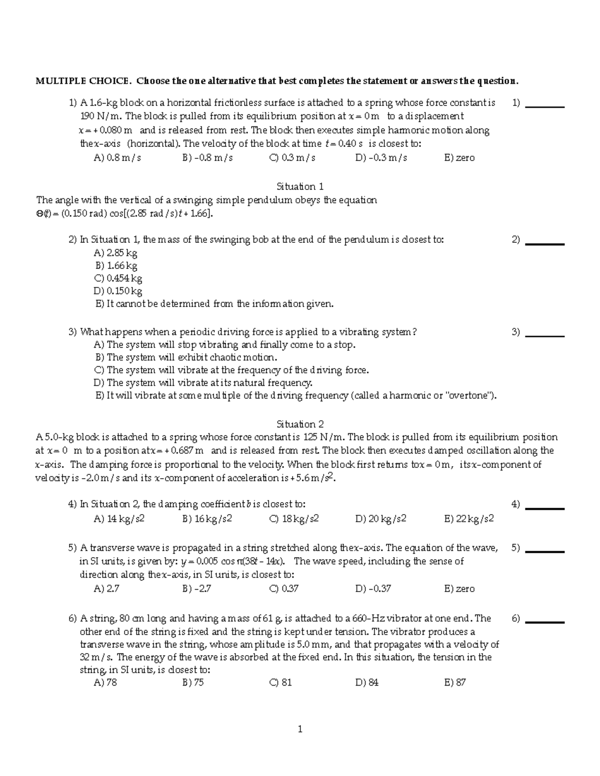 Practice MT: Multiple Choice Questions on Simple Harmonic Motion and ...