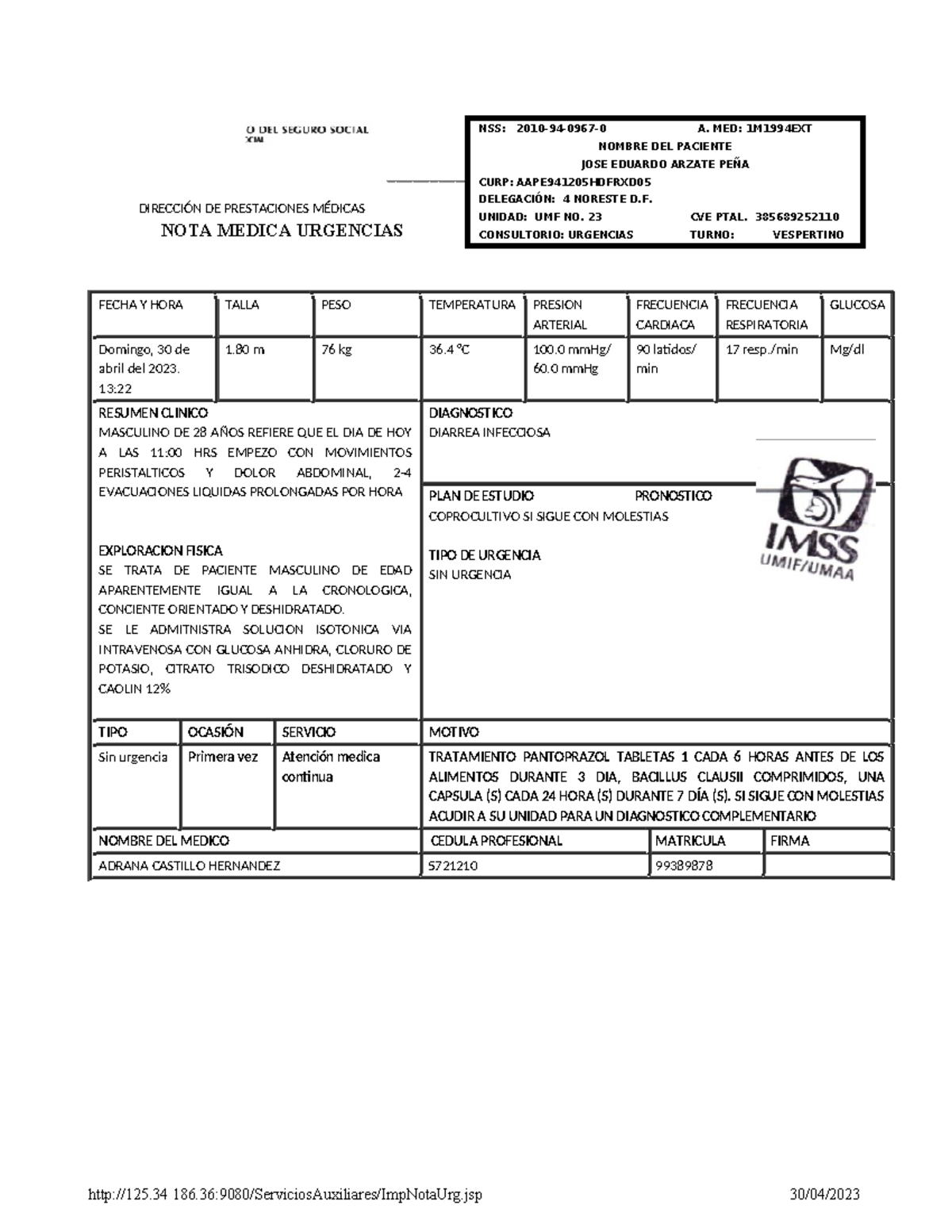 Urgencias IMSS - Nota Médica y Tratamiento 30 Abr 2023 - Studocu
