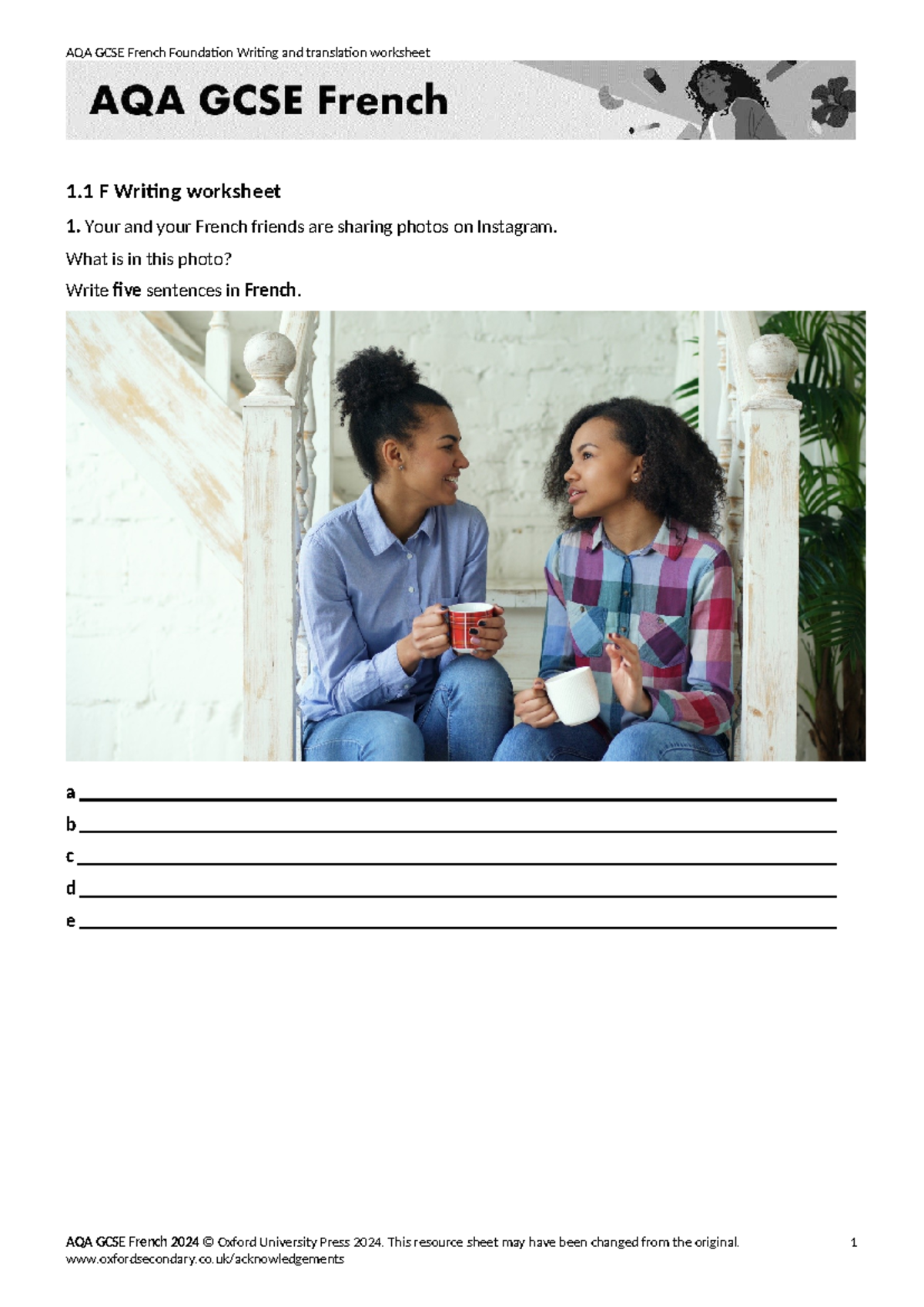 AQA GCSE French 0101F Writing & Translation Worksheet 1 - Studocu