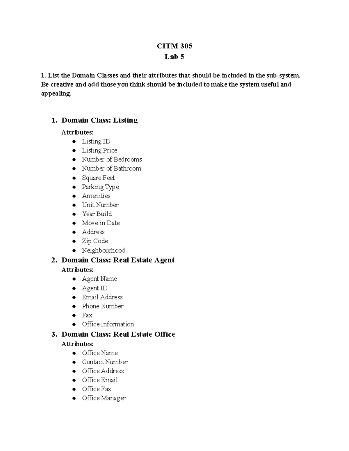 CITM 305 Lab 5: Domain Classes and Attributes for Real Estate System ...