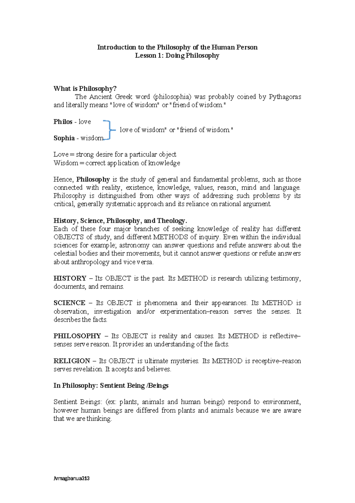 Introduction to Philosophy of the Human Person: Lesson 1 Handouts - Studocu
