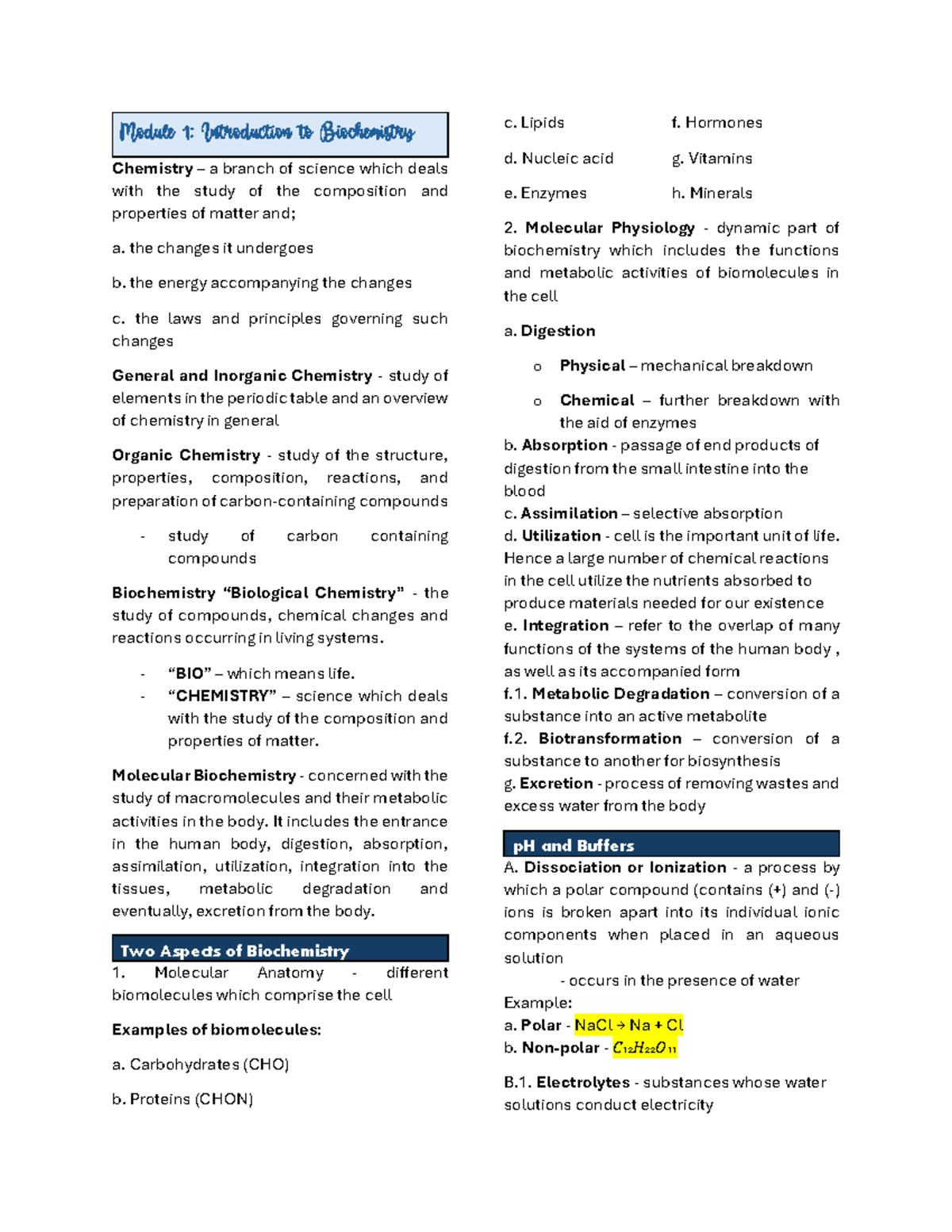 Biochemistry PSY 101: Modules 1-3 Summary & Key Concepts - Studocu