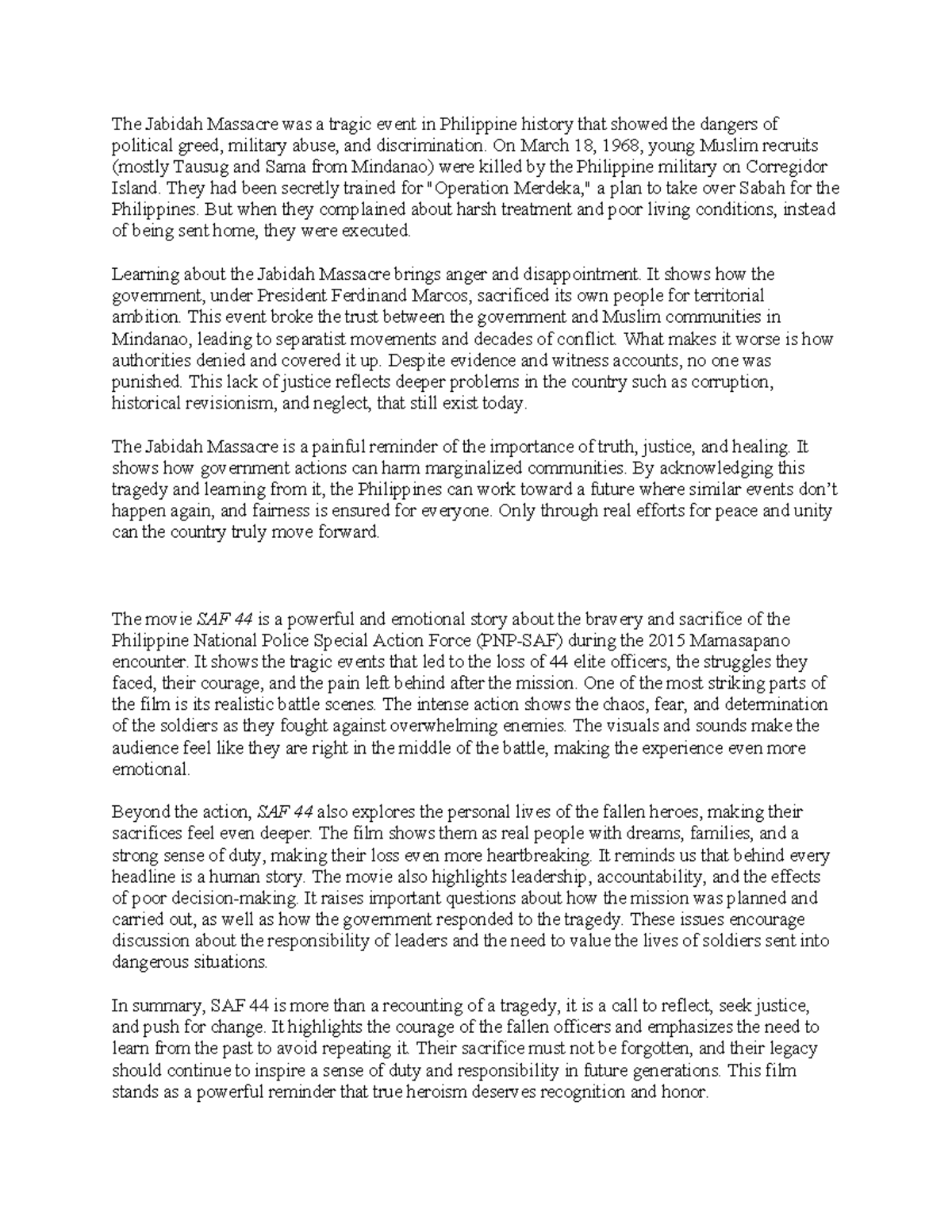 Ethics Notes: The Jabidah Massacre & SAF 44 Analysis - Studocu