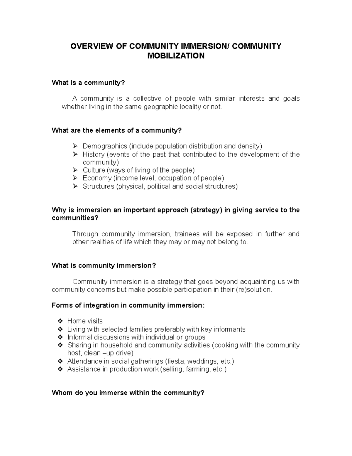 Overview of Community Immersion- Lesson 7 - OVERVIEW OF COMMUNITY ...