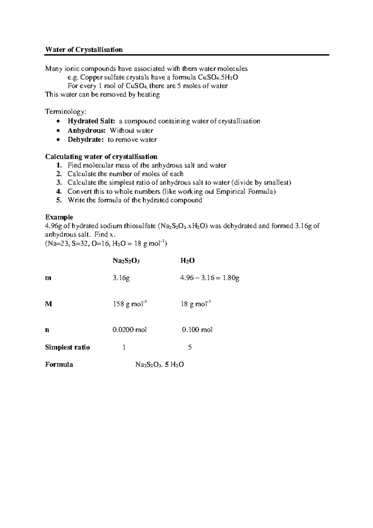 Water of Crystallisation Calculations Notes (Chem 101) - Studocu