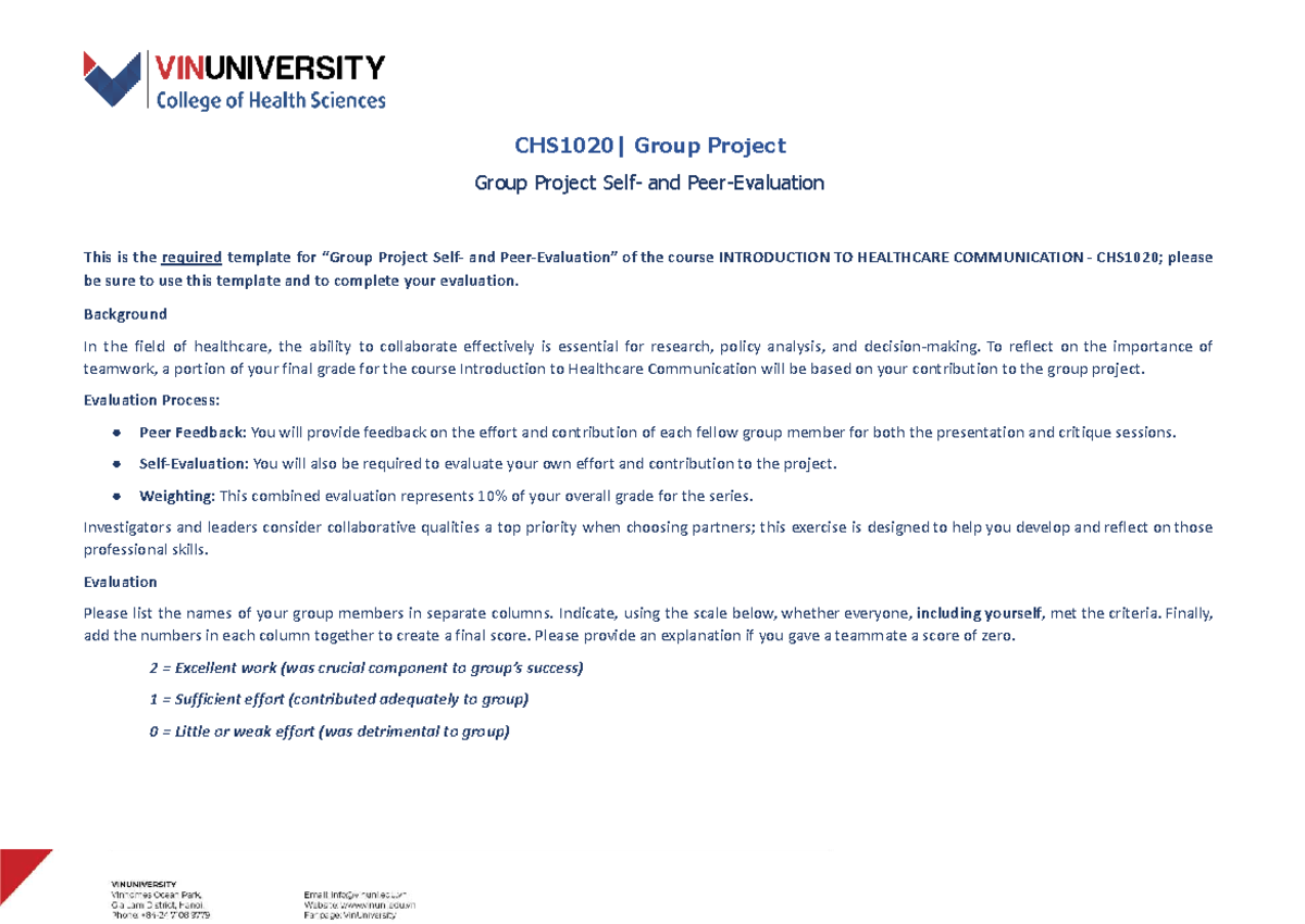 CHS1020 Group Project Self & Peer Evaluation Template - Studocu
