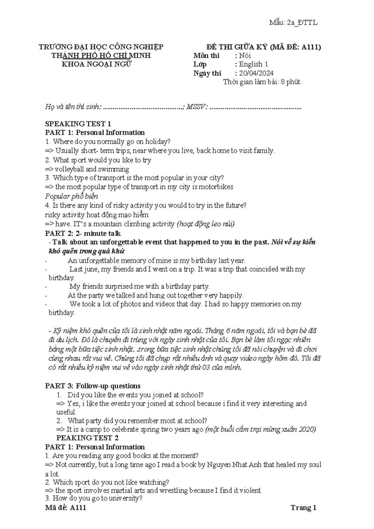 Midterm - A111 - ôn tập gk - TRƯỜNG ĐẠI HỌC CÔNG NGHIỆP THÀNH PHỐ HỒ ...