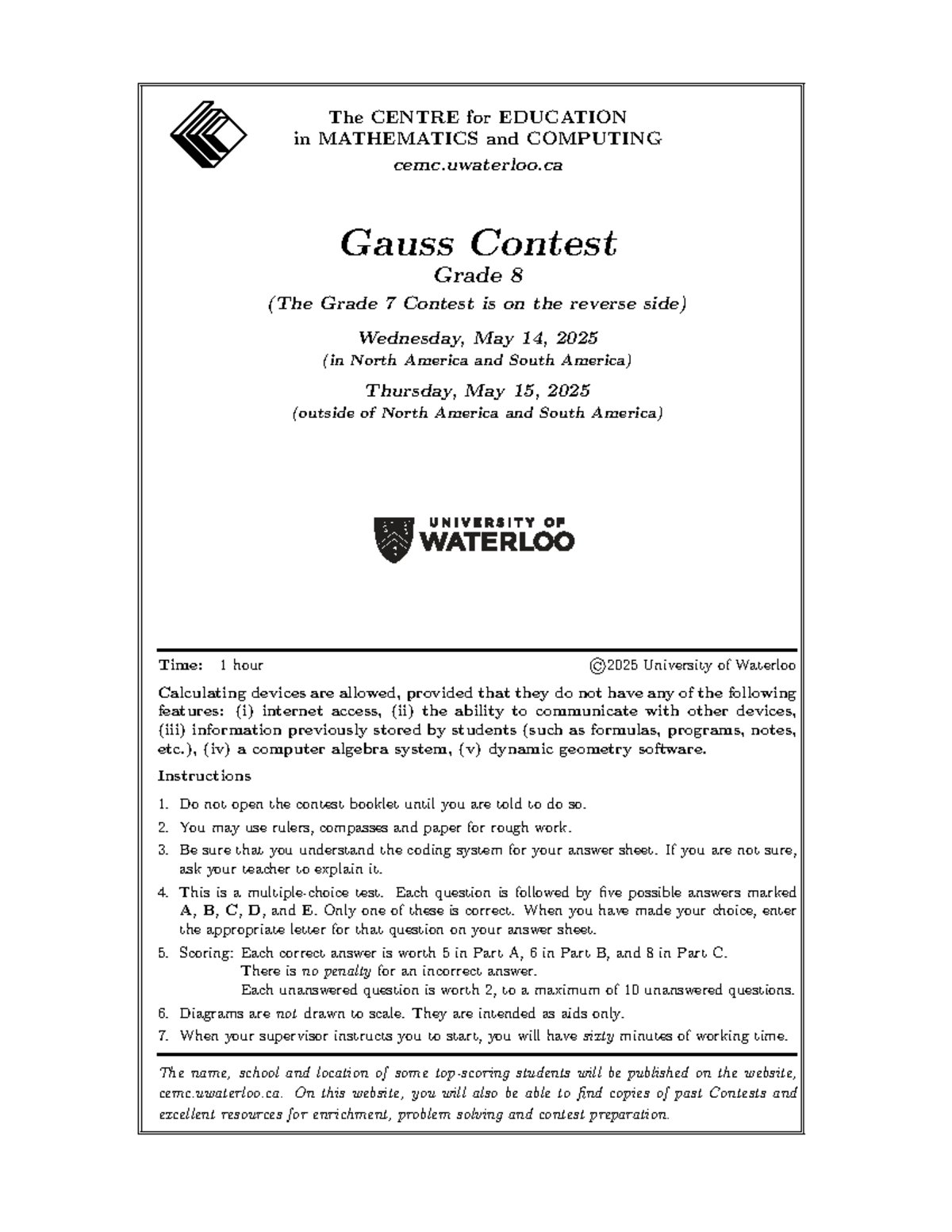 2025 Gauss Contest Grade 8 - Official Exam Instructions - Studocu