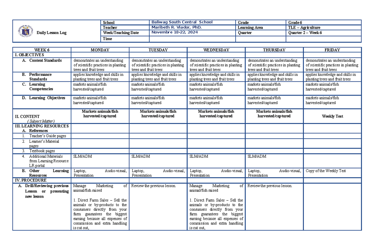 DLL TLE Agri Q2 W6 - Daily Lesson Log for Grade 6 - Studocu