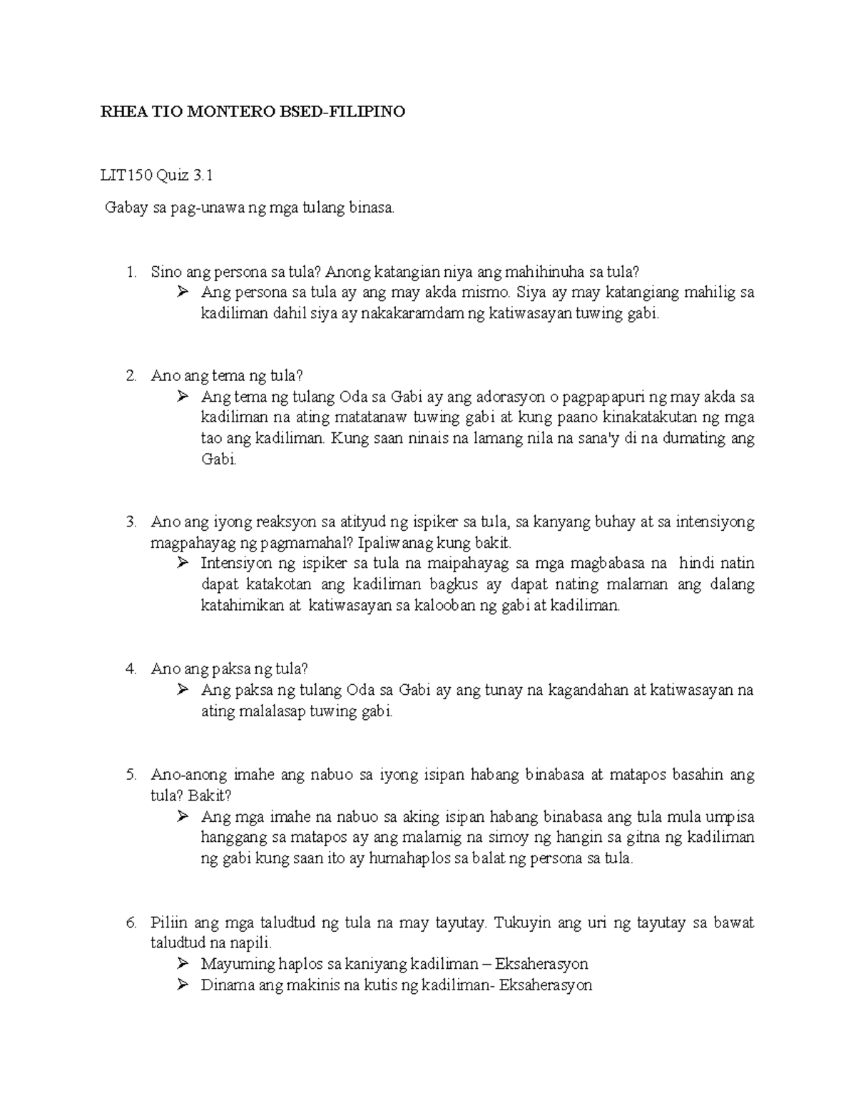 LIT150 Quiz 3.1 ODA sa gabi - RHEA TIO MONTERO BSED-FILIPINO LIT150 ...
