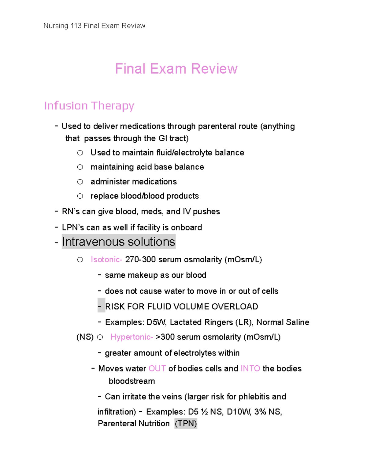 Nursing 113 Final Exam Review: Key Concepts in Infusion Therapy and ...