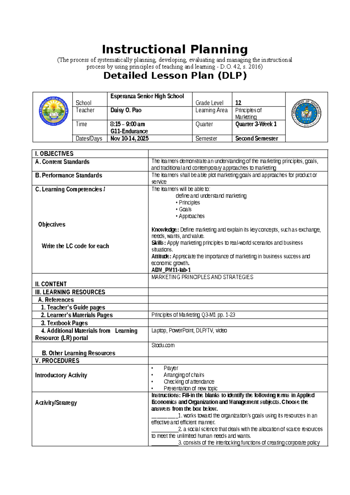 DLP-POM: Detailed Lesson Plan for Principles of Marketing (Q3 W2) - Studocu