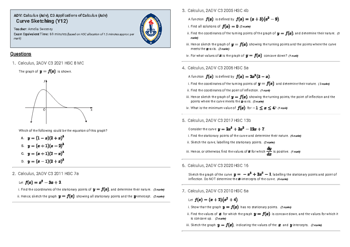 Smarter Maths Calculus Curve Sketching MAC3 - 1. Calculus, 2ADV C3 2021 ...
