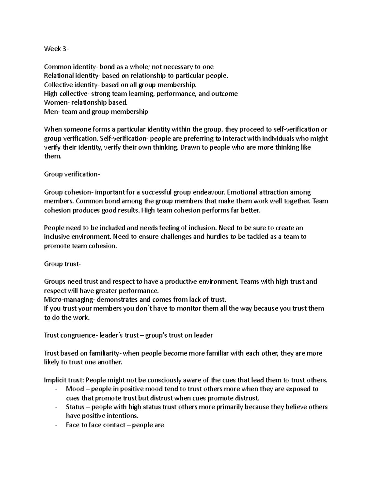 Week 3 notes - hi n - Week 3- Common identity- bond as a whole; not ...