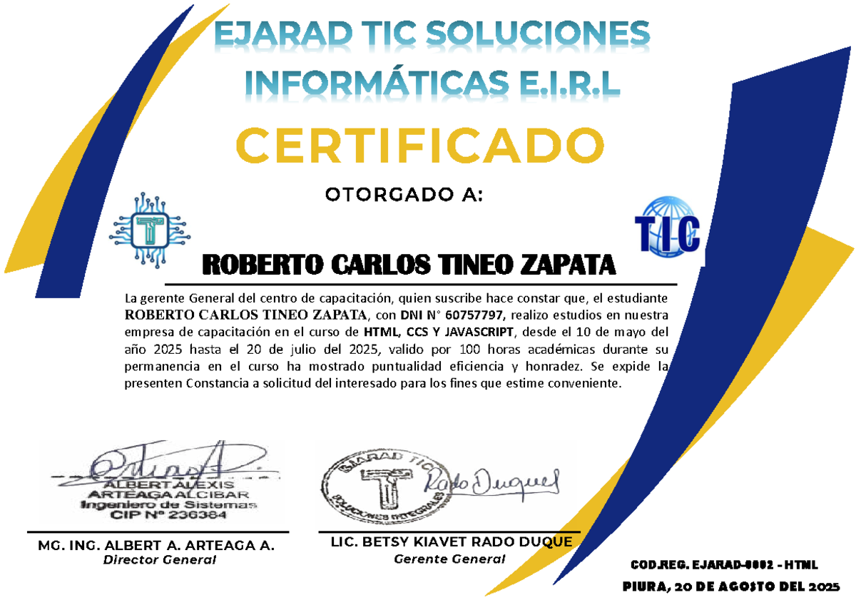 Certificado de Estudios en HTML, CSS y JavaScript - Roberto Tineo - Studocu