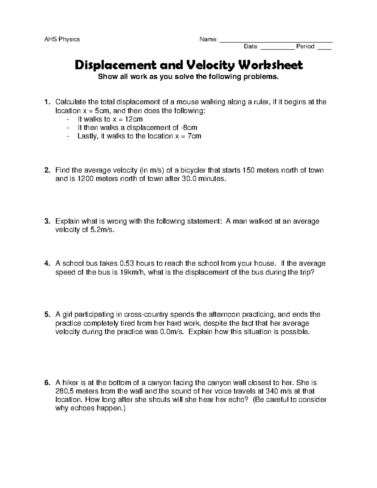 AHS Physics Displacement and Velocity Worksheet - Studocu