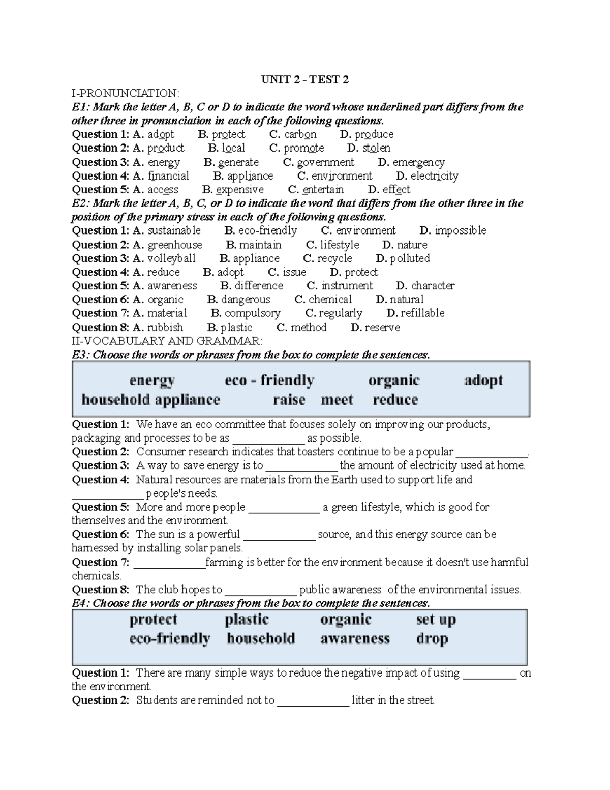 UNIT 2 TEST 2 - Bài Tập Tiếng Anh và Kiến Thức Môi Trường - Studocu