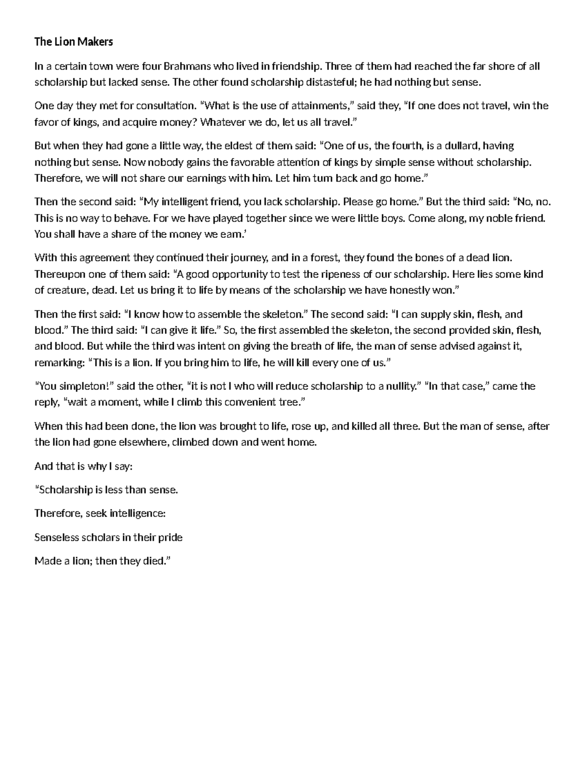 The Lion Makers: A Lesson on Sense vs. Scholarship - Studocu