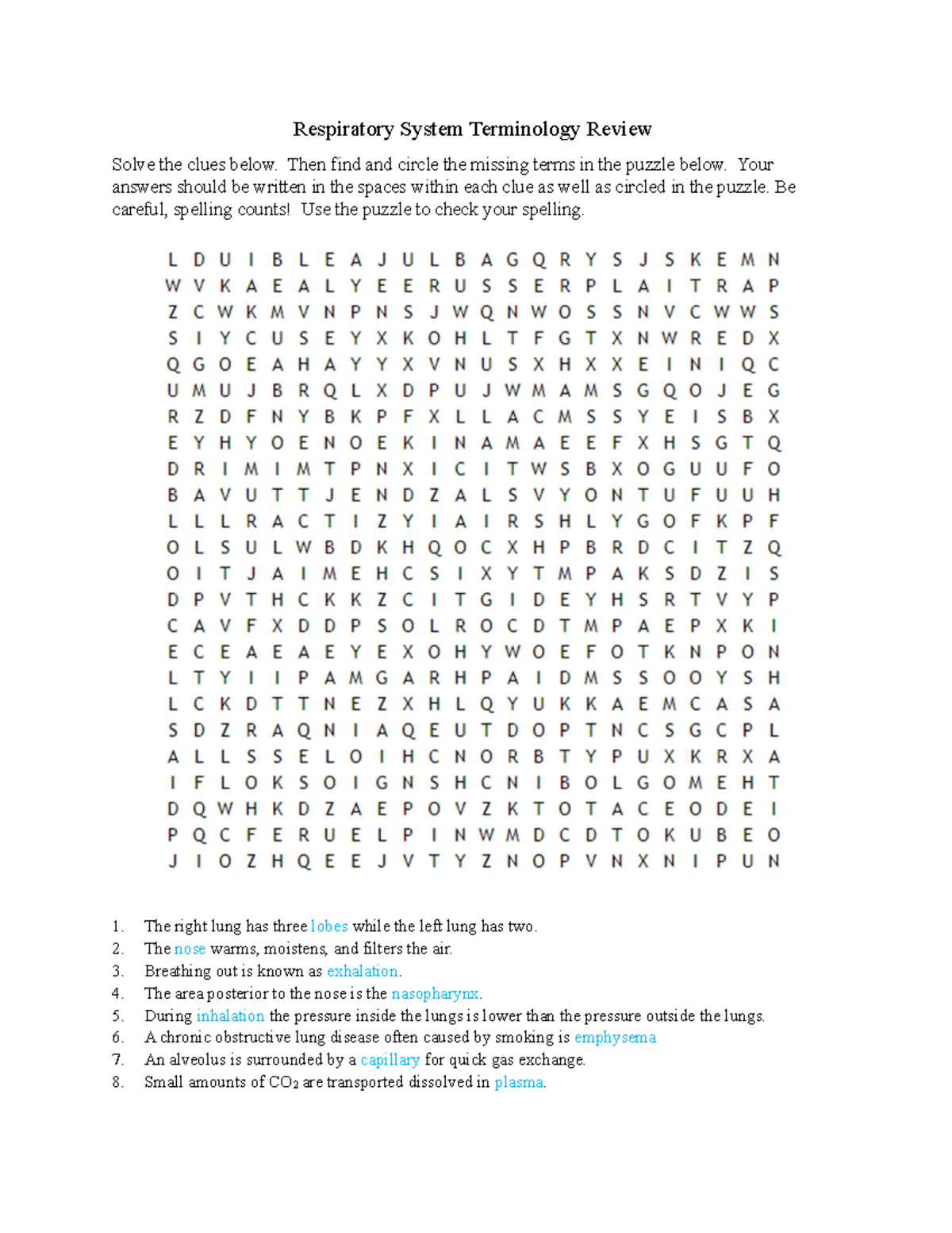 Respiratory System Puzzle Exercise - Word Search 3 - Studocu