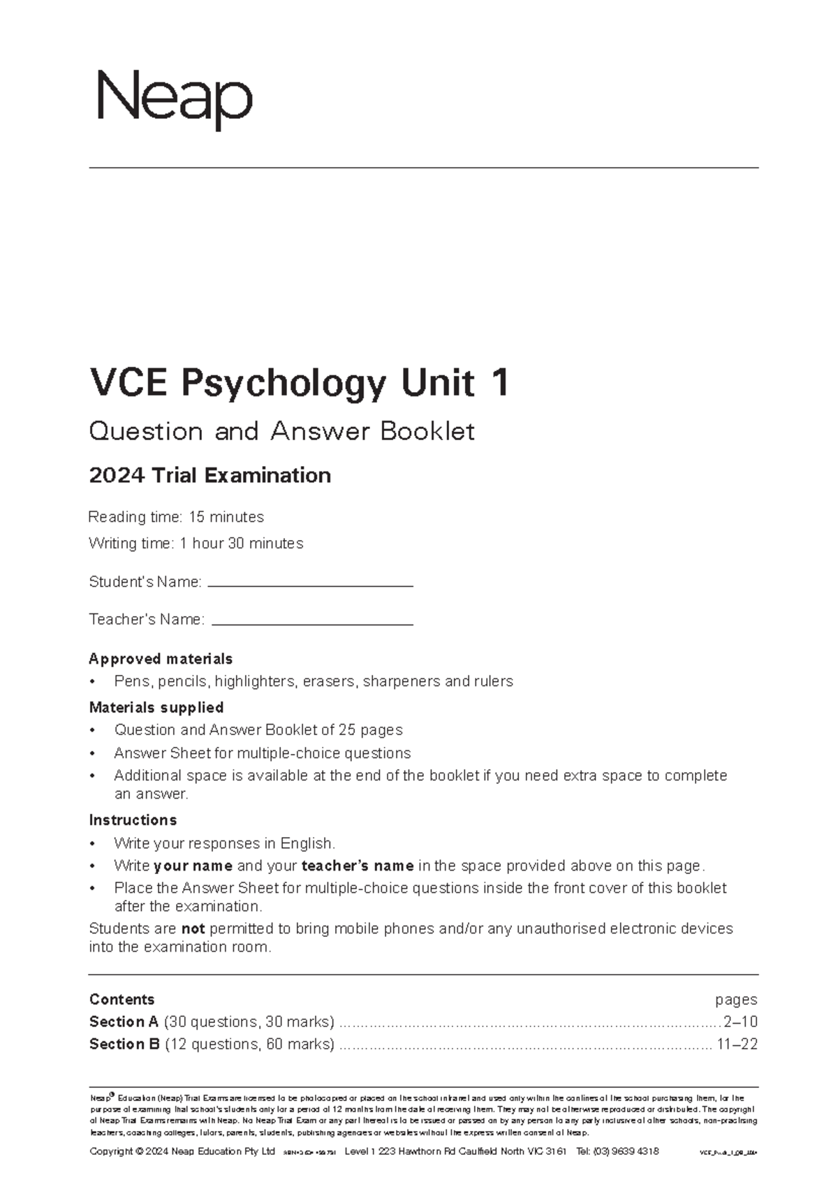 VCE Psychology Unit 1 2024 Trial Exam Q&A Booklet - Studocu