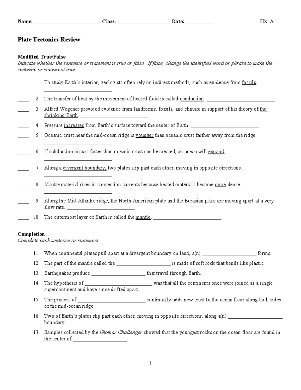 Plate Tectonics Review - Modified T/F & Short Answer Questions - Studocu