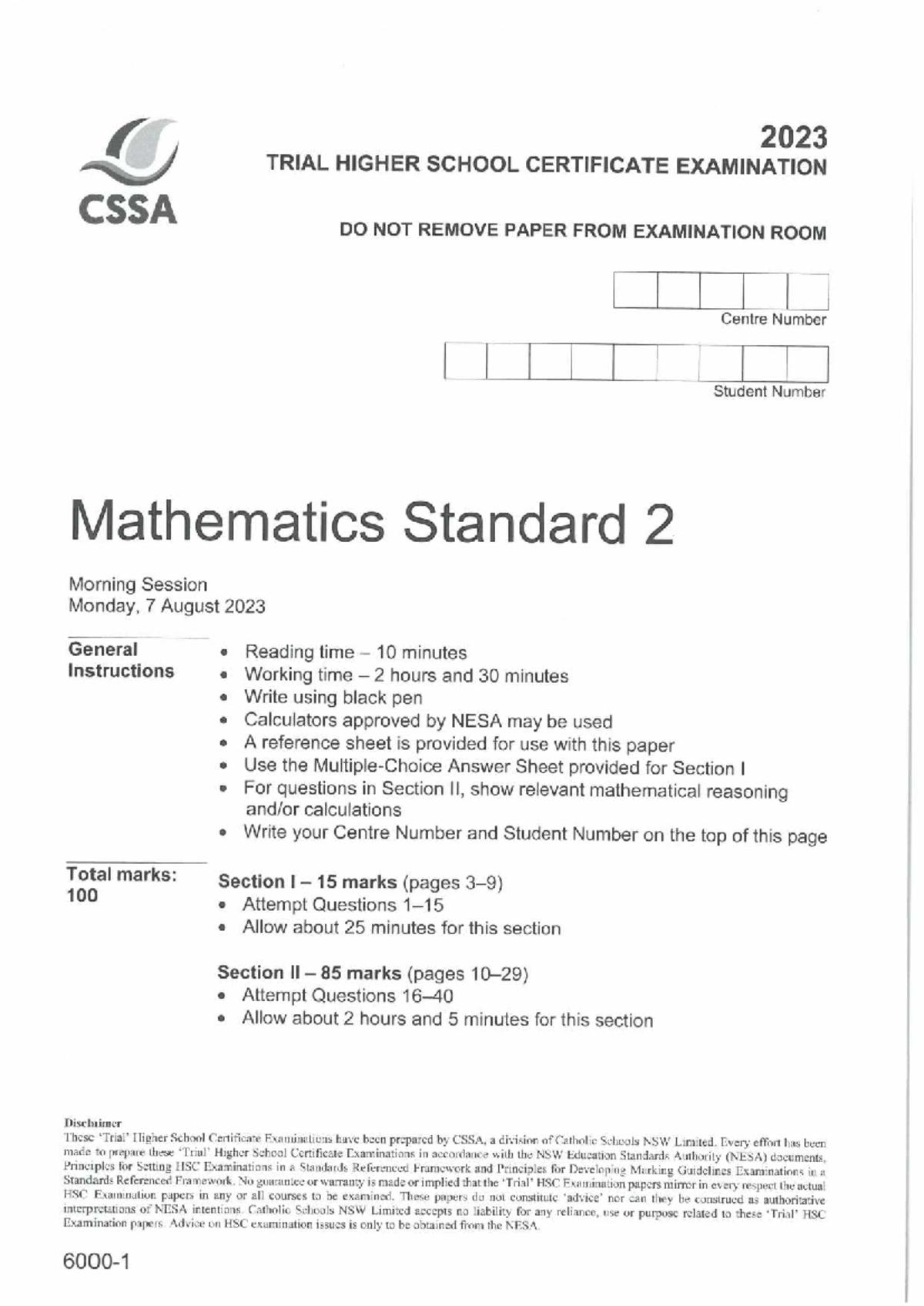 CSSA Mathematics Standard 2 Trial Exam Paper 2023 - Studocu