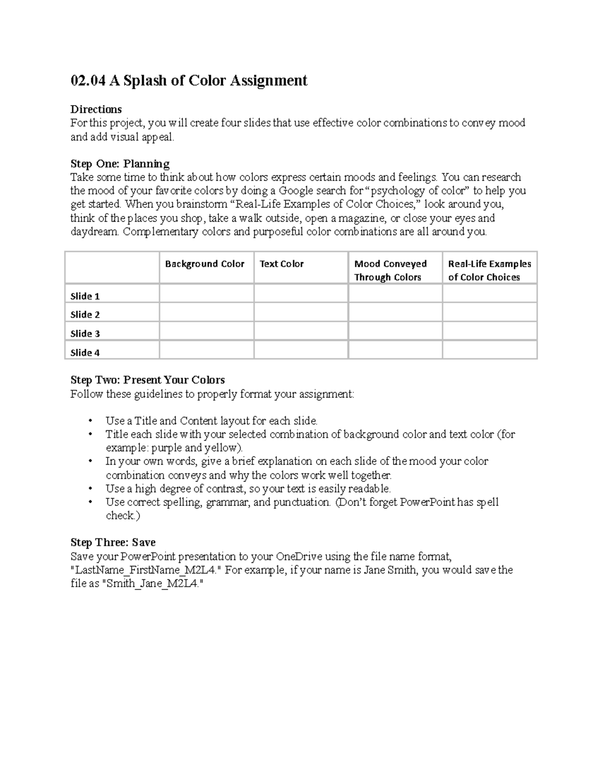 M2L4: A Splash of Color Assignment - Effective Color Combinations - Studocu